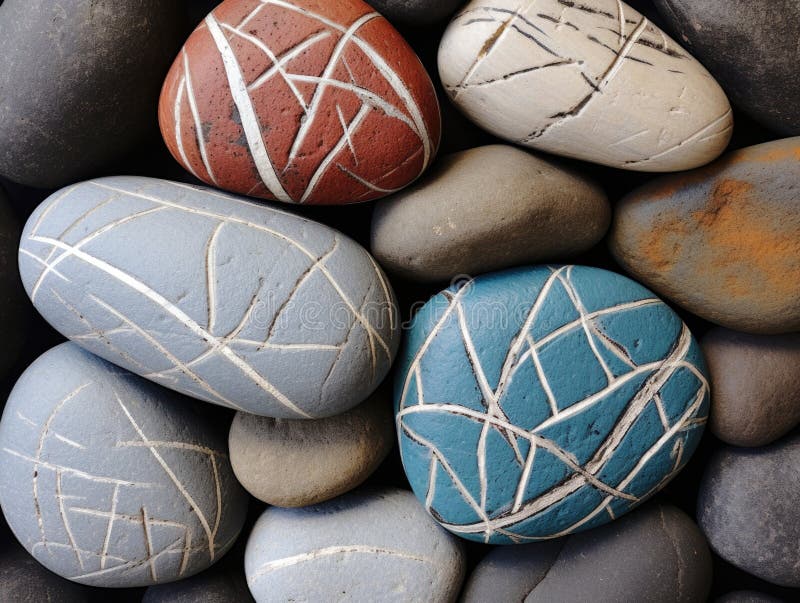 A Painted Flat Pebble with Abstract Wave Patterns and Dots on Top of a ...