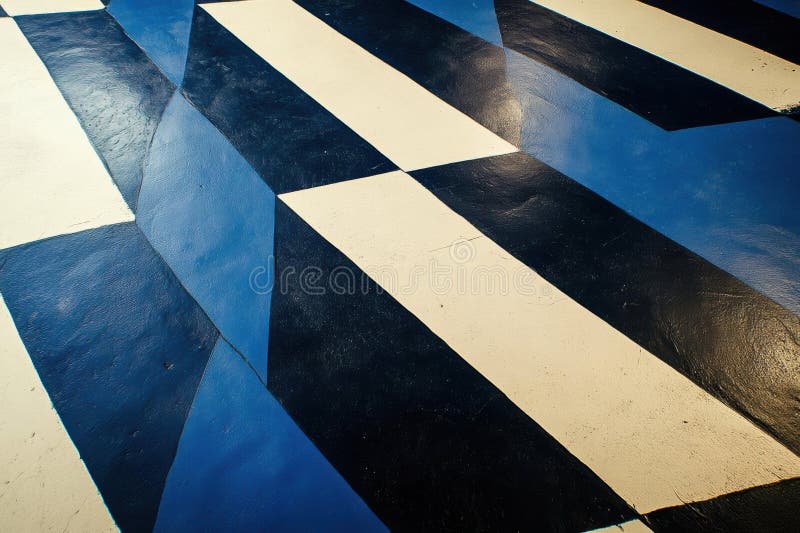 Painted Floor Creates Dynamic Geometric Pattern with Blue, Black, and ...