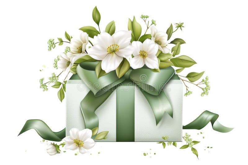 Painted with Flowers Spring Gift Box in Green and White Colors Stock ...