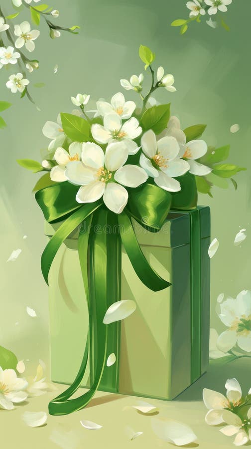 Painted with Flowers Spring Gift Box in Green and White Colors Stock ...