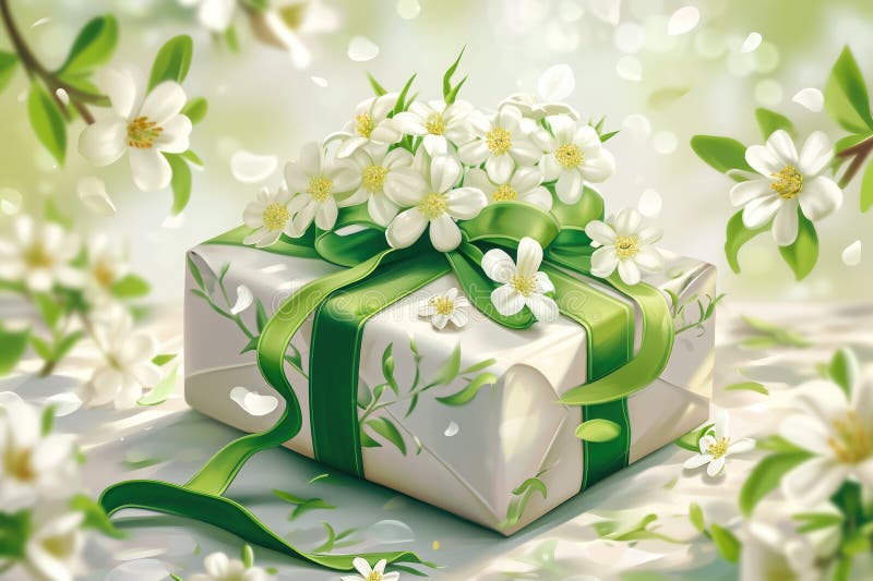 Painted with Flowers Spring Gift Box in Green and White Colors Stock ...