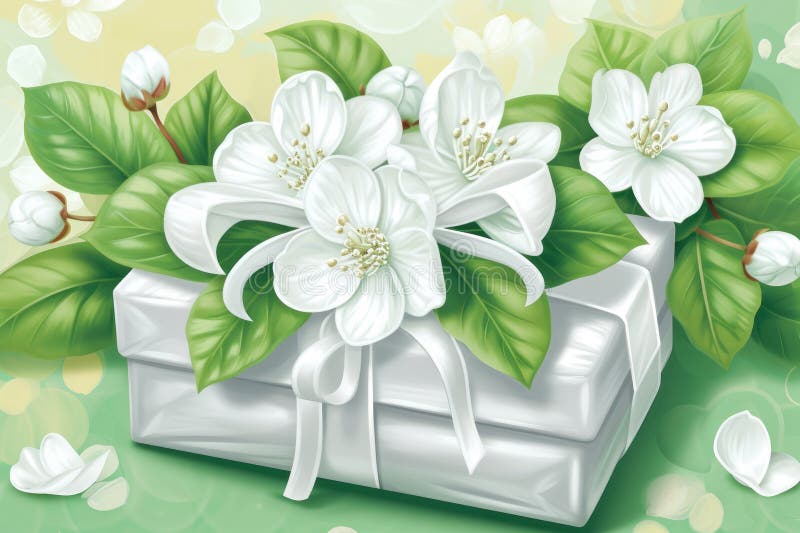 Painted with Flowers Spring Gift Box in Green and White Colors Stock ...