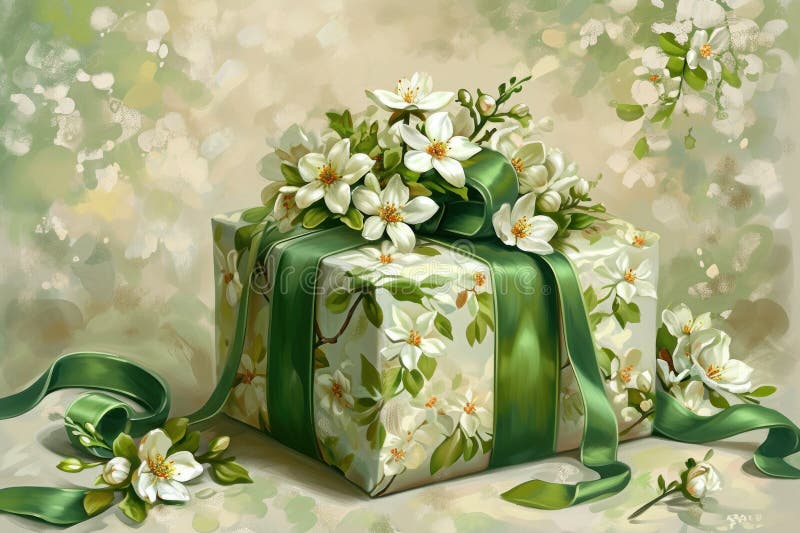Painted with Flowers Spring Gift Box in Green and White Colors Stock ...