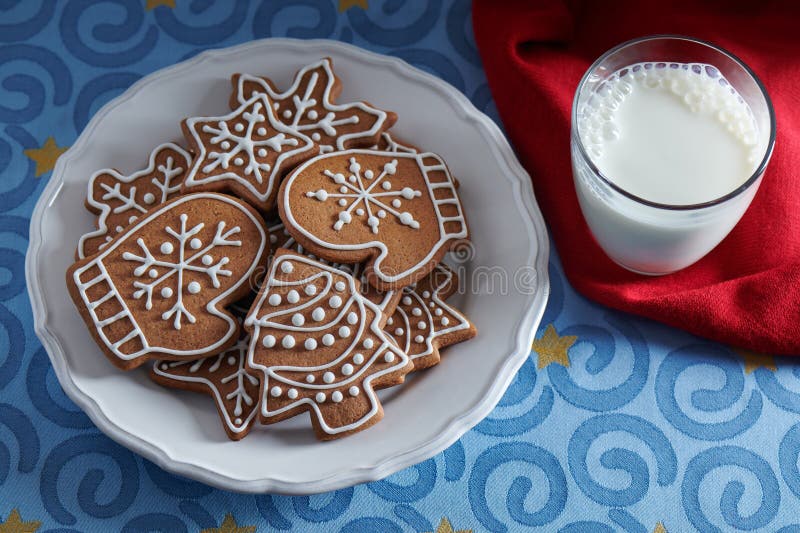 Painted Gingerbread Cookies on a Plate and a Glass of Milk Stock Image ...