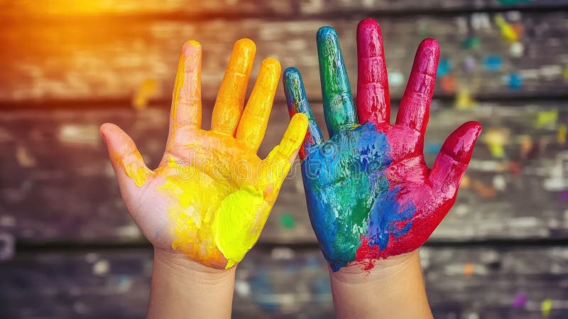 Painted Hands: a Vibrant Display of Childhood Creativity and Joy Stock ...