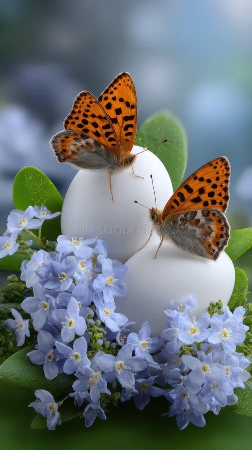 Painted Lady Butterflies Resting on Eggs Surrounded by Spring Blossoms ...