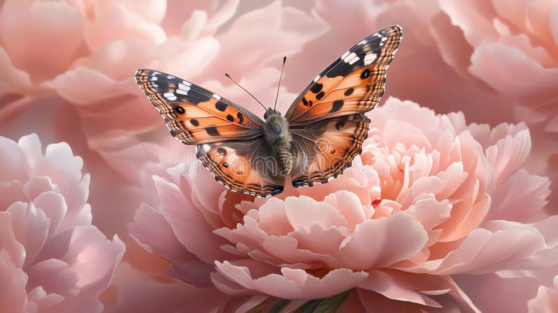 Painted Lady Butterfly Resting on a Delicate Pink Peony Stock ...