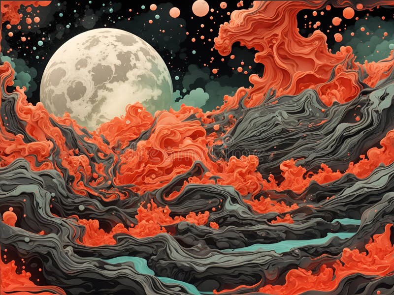 Painted Lava World with Moon on the Background, Ai Generated Stock ...