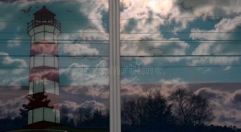 Painted Lighthouse on Glass Window Simultaneously Reflects Real Clouds ...