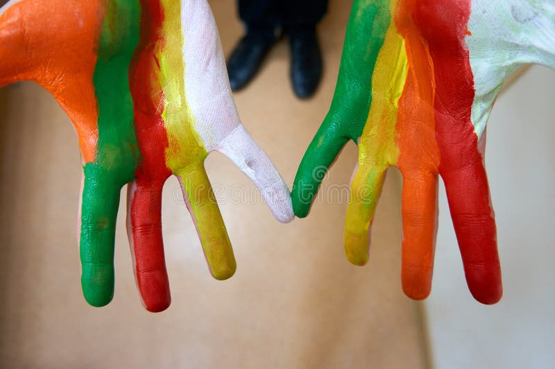 Painted Male Hands Up Close Stock Image - Image of bright, orange ...