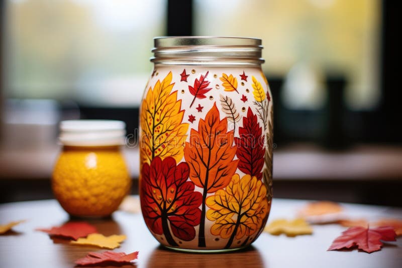 Painted Mason Jar Decorated with Fall-themed Stickers Stock Photo ...
