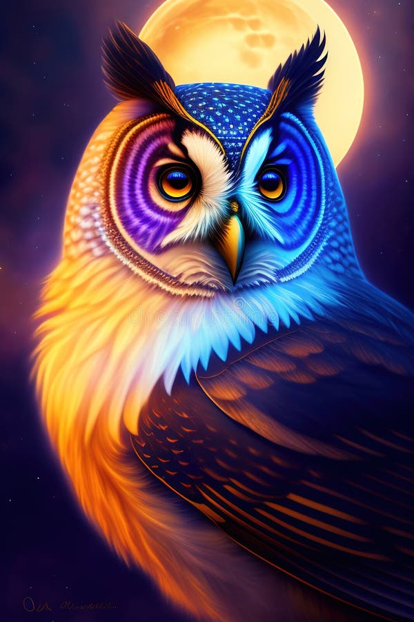 Generative AI: Painted Owl with Moon and Glitter Stock Illustration ...