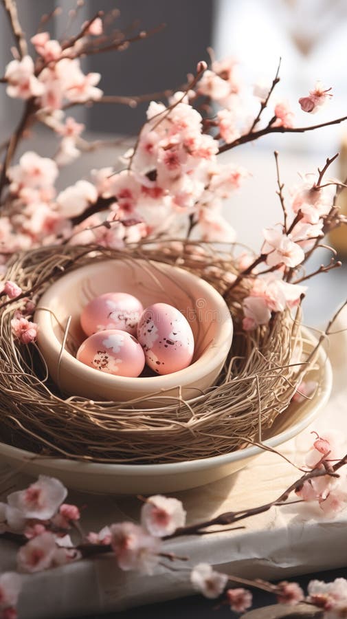Painted Pink Easter Eggs in Nest with Blooming Cherry Branches. Easter ...