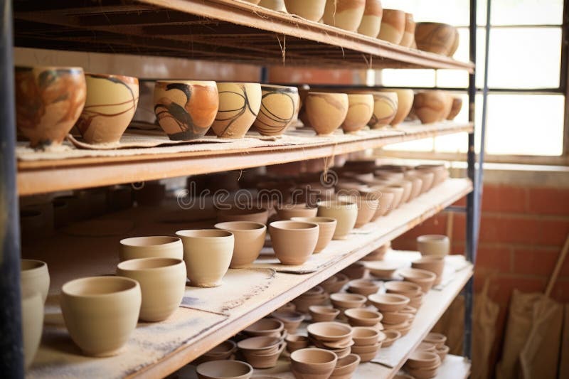 Painted Pottery Drying on Clay Work-station Shelves Stock Illustration ...