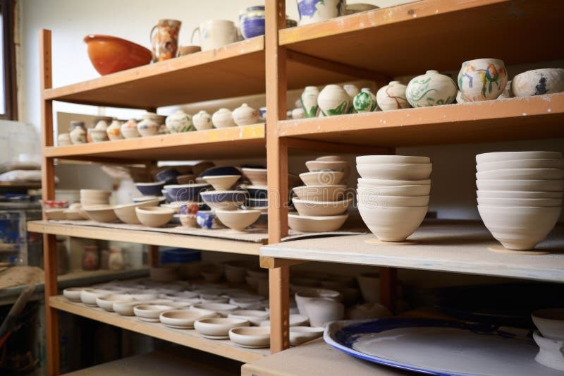 Painted Pottery Drying on Clay Work-station Shelves Stock Illustration ...