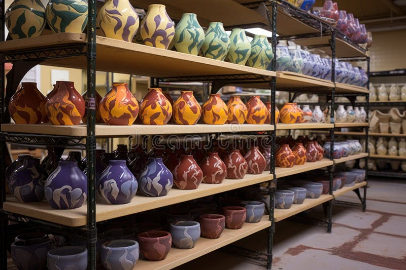 Painted Pottery Pieces Drying on Racks Stock Illustration ...