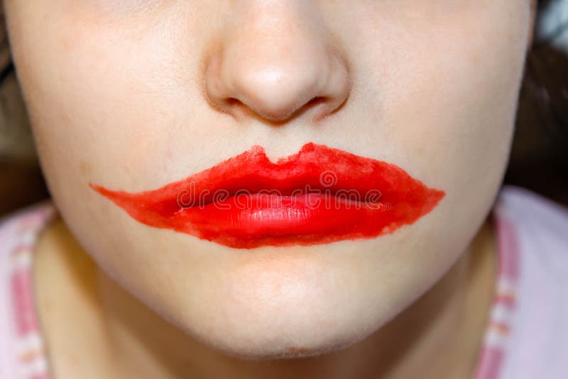 Painted Red Clown Lips on the Face Stock Photo - Image of closeup ...