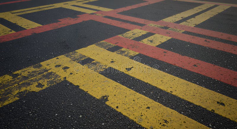 Painted Road Surface with Yellow and Red Lines Creating Abstract ...