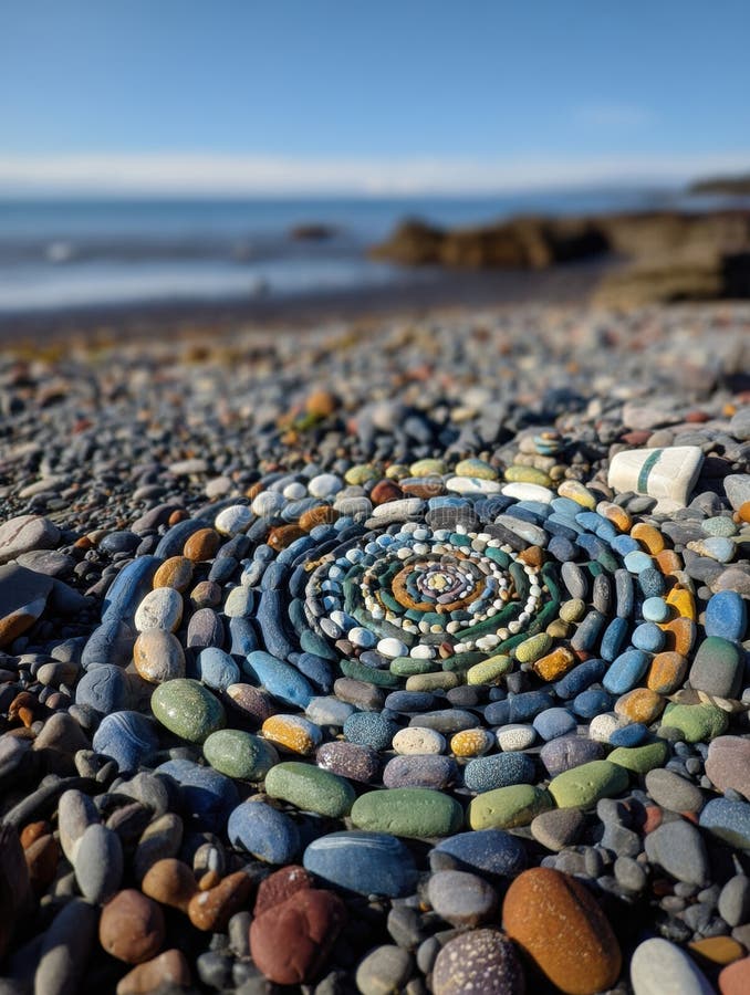 Painted Rocks Arranged in a Spiral Pattern on a Pebbled Beach Under ...