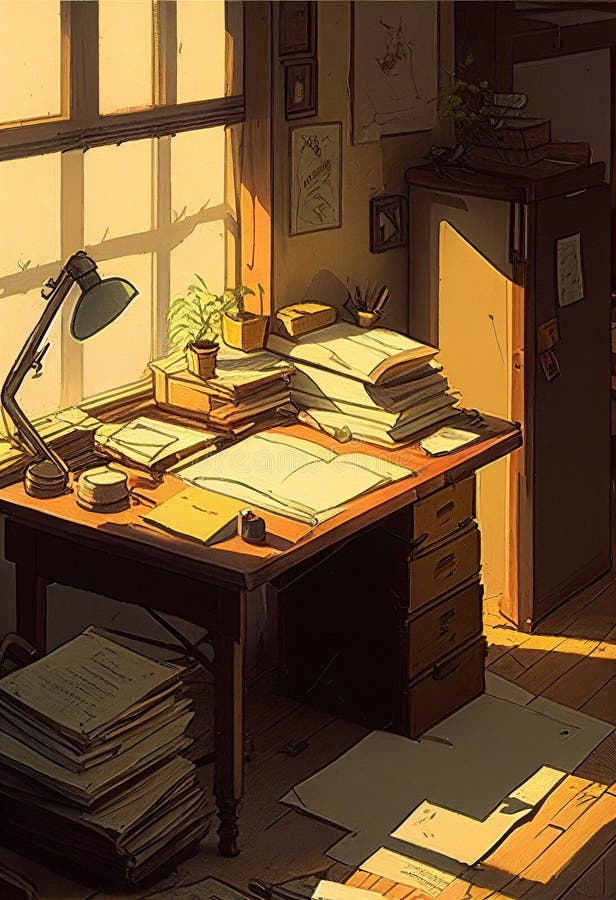 A Painted Room with a Desk and a Pile of Scattered Papers Near a Window ...