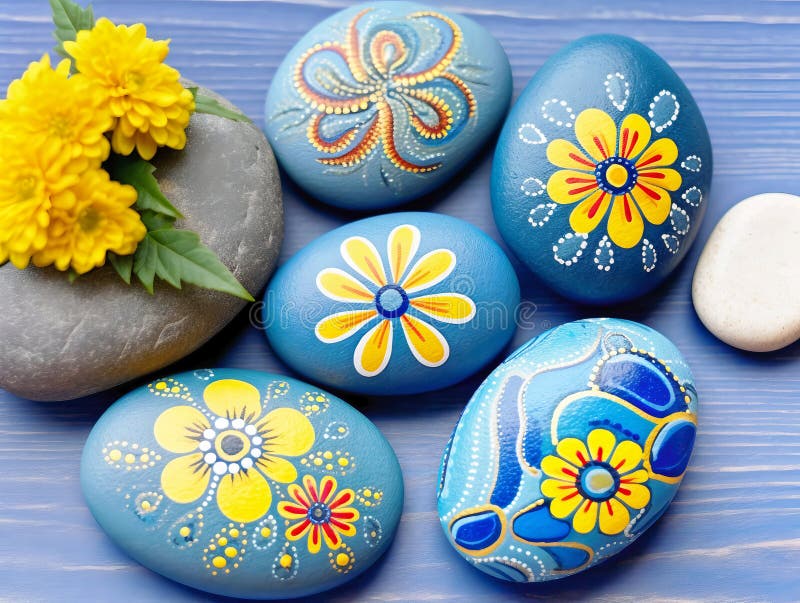 Painted Round Natural Stones with Decorated Flowers Stock Image - Image ...