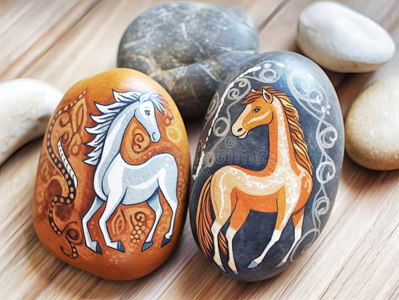 Painted Round Natural Stones with Two Horses Stock Photo - Image of ...