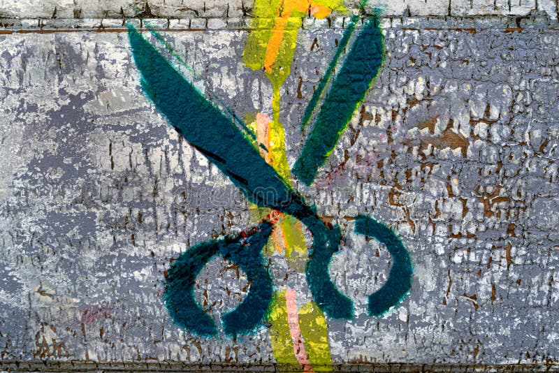 Painted Scissors on a Rustic Stone Facade Stock Image - Image of facade ...