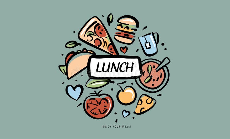 A Painted Set of Lunch Products in the Form of an Emblem Stock Vector ...