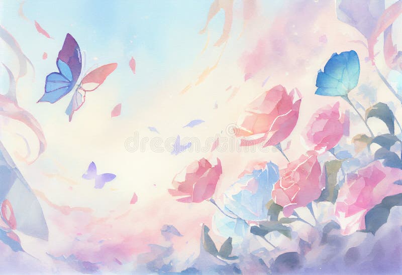 Painted Spring Background with Flowers and Butterflies. AI Generated ...