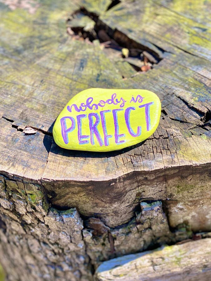 Painted Stone with NOBODY is PERFECT Text on a Tree Stump Stock Image ... Painted Stone with NOBODY is PERFECT Text on a Tree Stump Stock Image ...