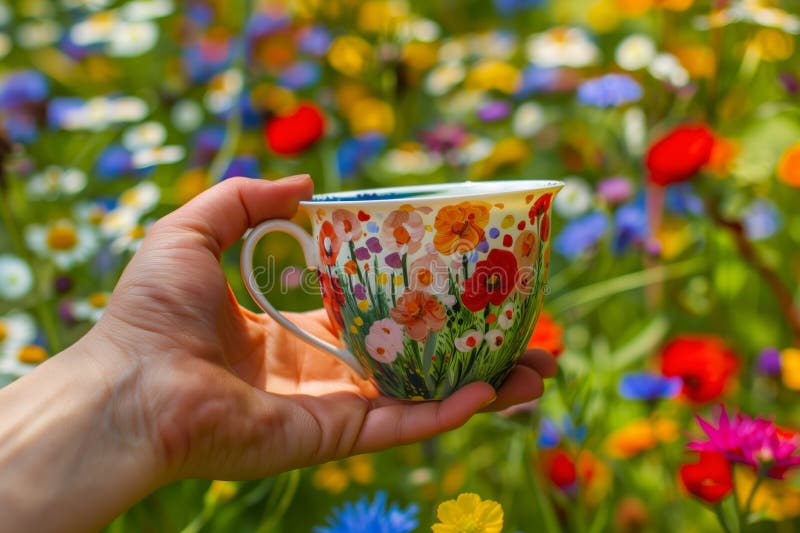Painted Tea Cup in Hand, Colorful Wildflowers Background Stock Image ...
