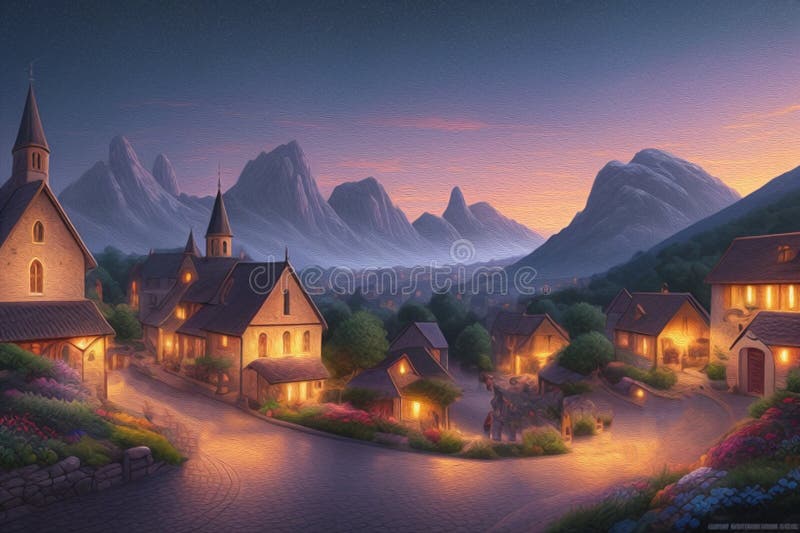 Painted Town in Valley Surrounded by Mountains, Digital Art Created by ...