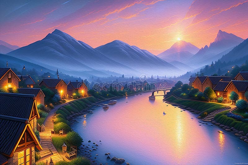 Painted Town in Valley Surrounded by Mountains, Digital Art Created by ...