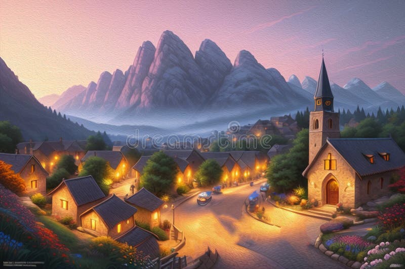 Painted Town in Valley Surrounded by Mountains, Digital Art Created by ...