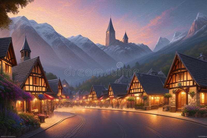 Painted Town in Valley Surrounded by Mountains, Digital Art Created by ...