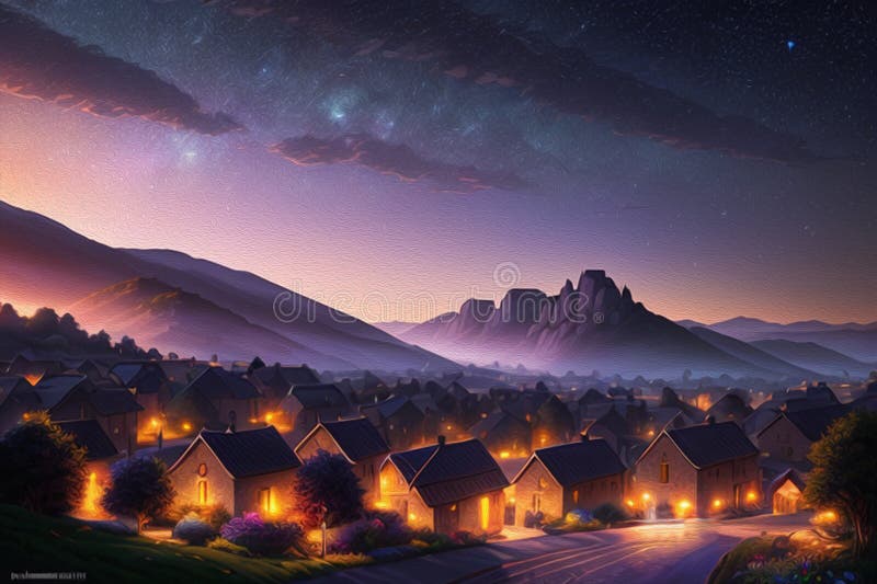 Painted Town in Valley Surrounded by Mountains, Digital Art Created by ...