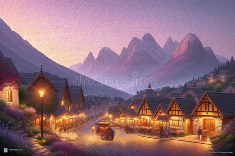 Painted Town in Valley Surrounded by Mountains, Digital Art Created by ...