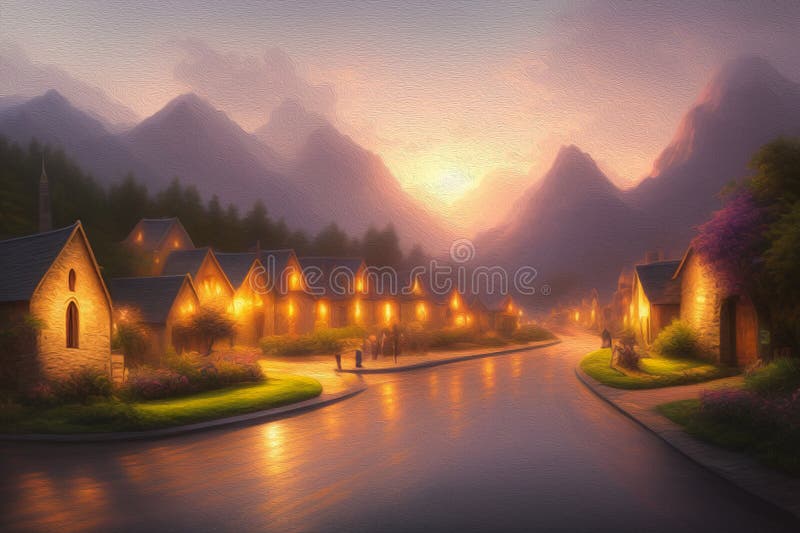 Painted Town in Valley Surrounded by Mountains, Digital Art Created by ...