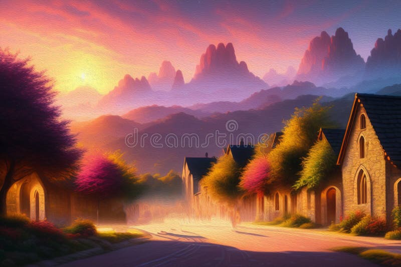 Painted Town in Valley Surrounded by Mountains, Digital Art Created by ...