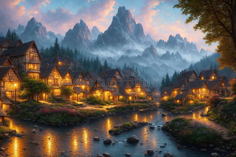 Painted Town in Valley Surrounded by Mountains, Digital Art Created by ...