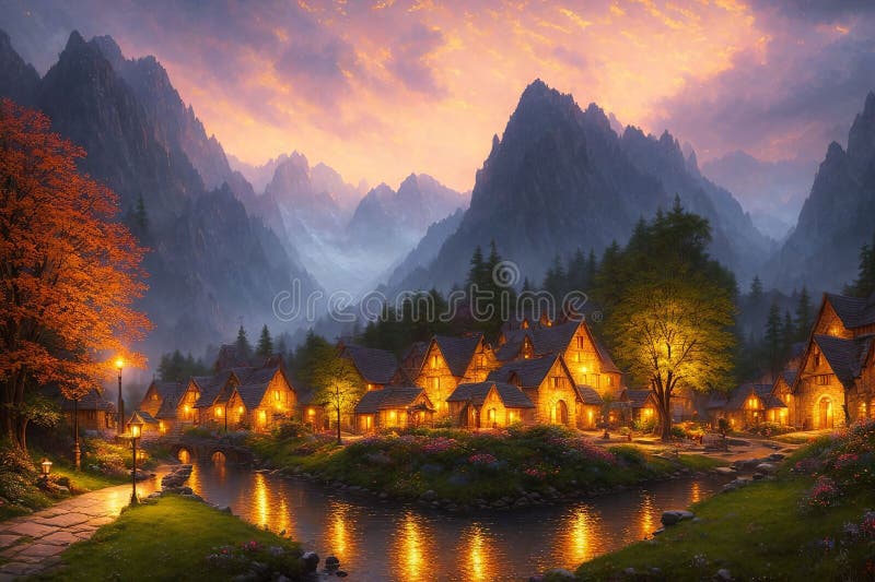 Painted Town in Valley Surrounded by Mountains, Digital Art Created by ...