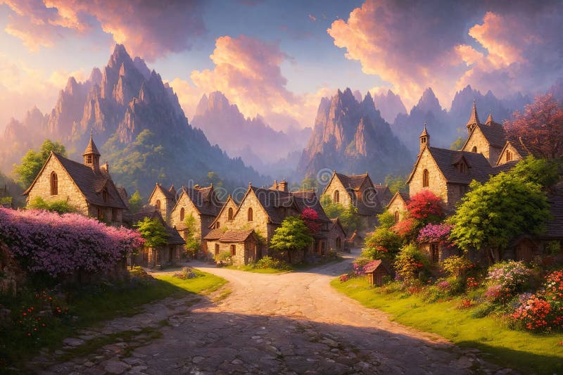 Painted Town in Valley Surrounded by Mountains, Digital Art Created by ...