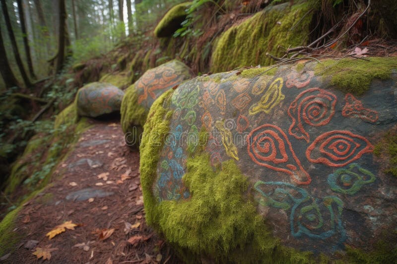 Painted Trail Markers with Intricate Patterns on a Mossy Rock Face ...