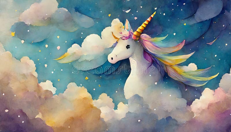 Painted Unicorn in Clouds with Rainbow Stock Illustration ...
