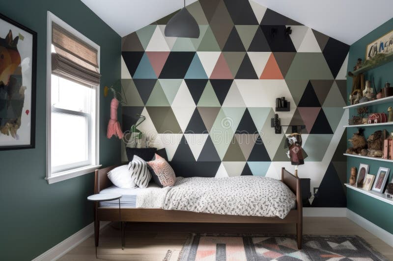 Painted Walls, with Geometric Wallpaper Adding Visual Interest Stock ...