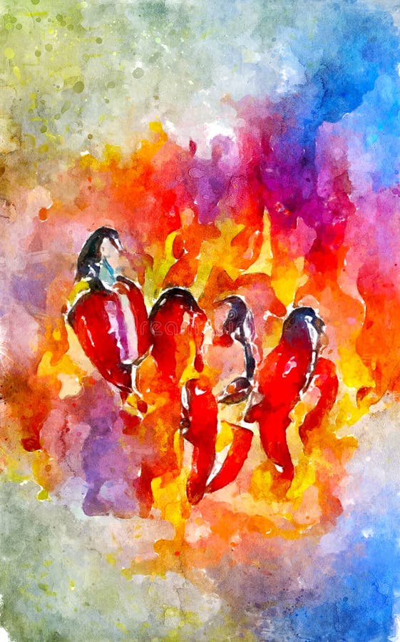 Painted Watercolour Image of Burning Chilli Peppers Stock Image - Image ...