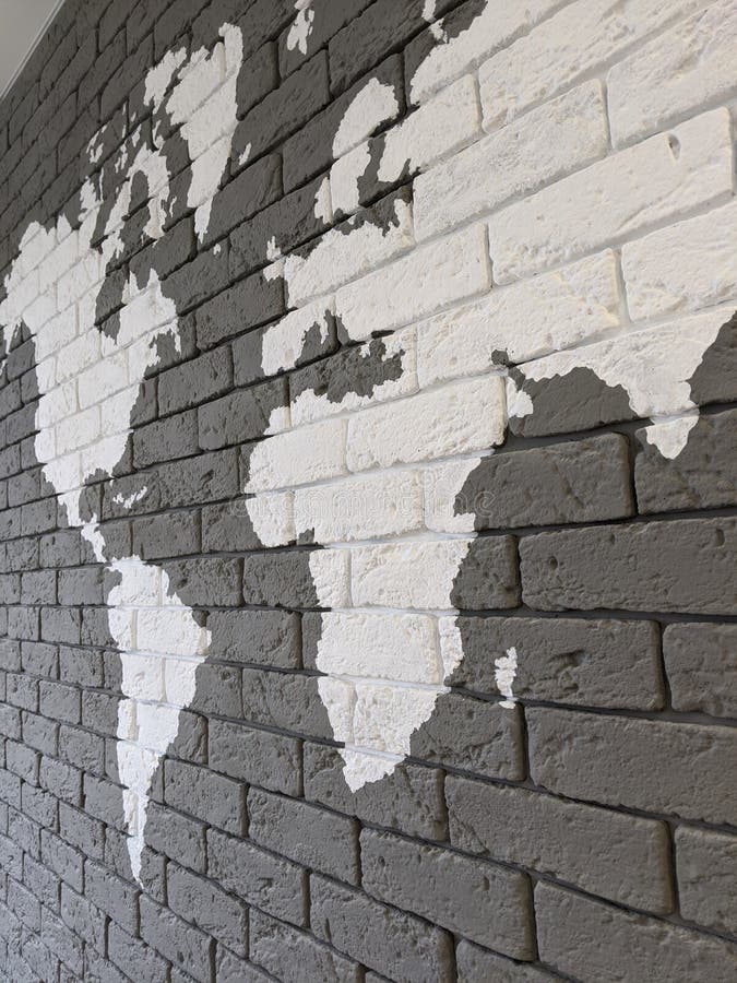 Interior Bricks Wall with a World Map Stock Photo - Image of painted ...