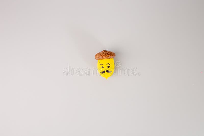 Painted Yellow Acorn with a Mustache, Top View, Grey Background, Step ...