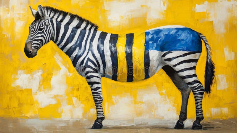 Painted Zebra with Blue and Yellow Stripes Against Yellow Background ...
