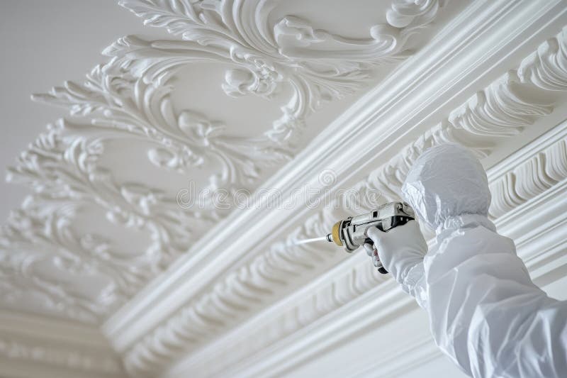 A Painter is Applying Paint To a 3D Ceiling with a Spray Gun Stock ...